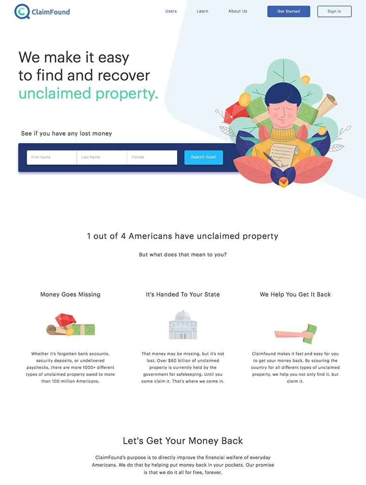 ClaimFound website design - Lapa Ninja