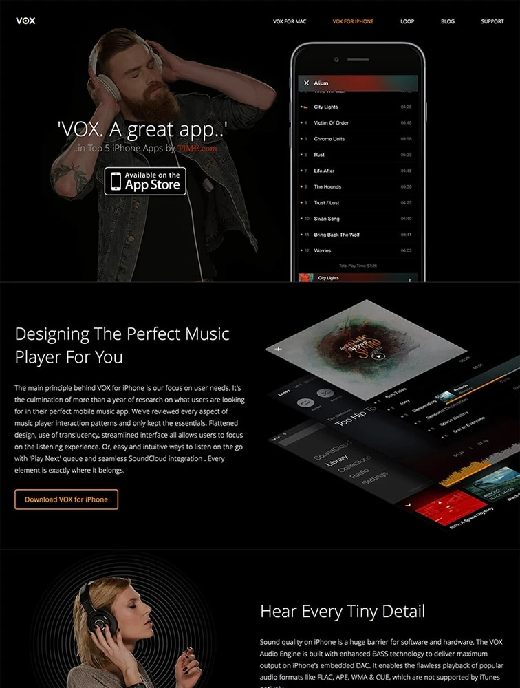 VOX Player for iPhone website design - Lapa Ninja