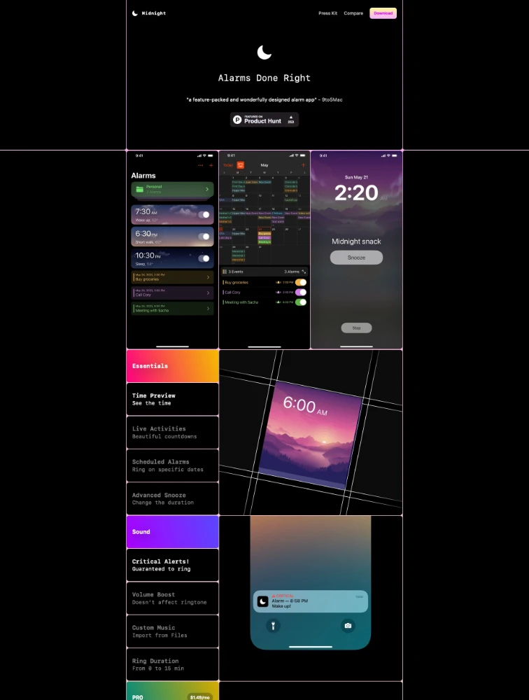Midnight Alarm website design - Lapa Ninja