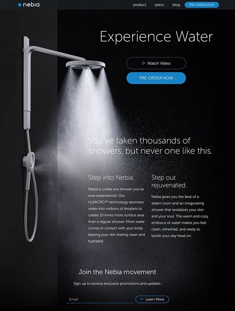 Nebia Shower website design - Lapa Ninja