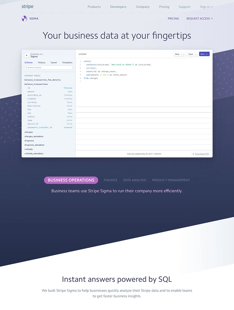 Stripe Sigma website design - Lapa Ninja