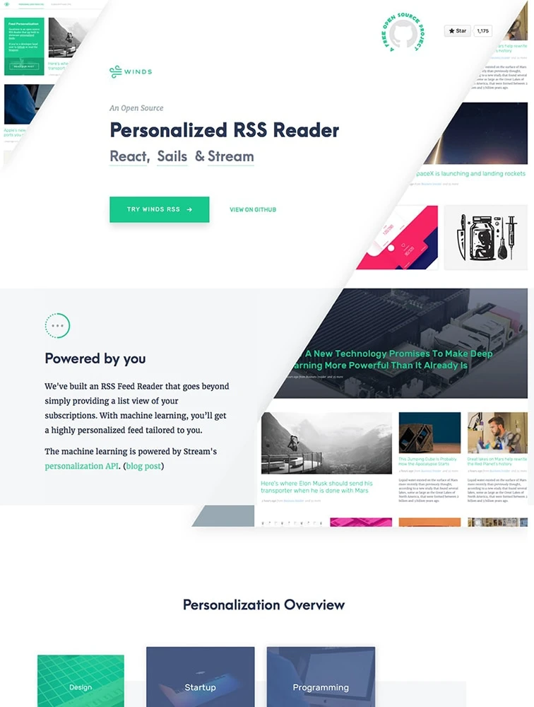 Winds RSS Reader website design - Lapa Ninja